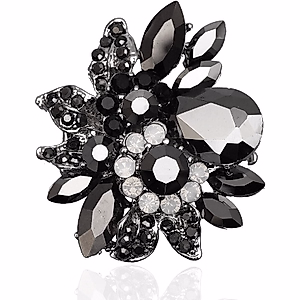Women's Dazzling Austrian Crystal Leaves Flower Cocktail Statement Rings Stretch Adjustable Ring for Party Wedding Brides Bridesmaids (Black)