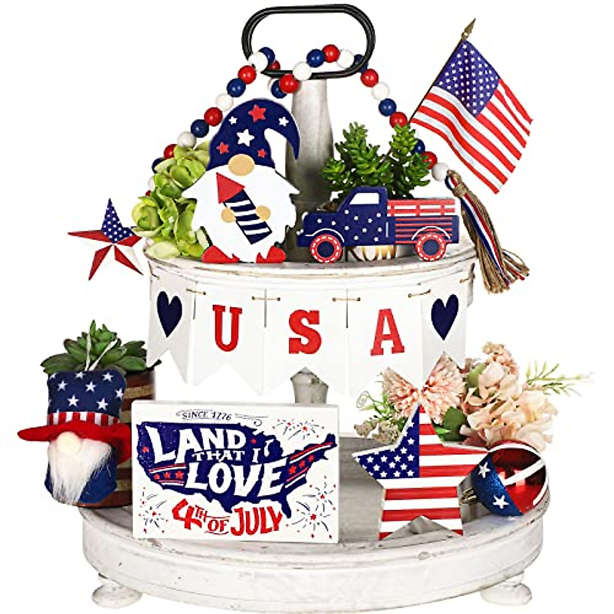 10 Pcs Patriotic Tiered Tray Decor Bundle 4th of July Wood Signs Mini Signs American Star Decor Veterans Day Red White Blue Decorations for Independence Day Decor (Cute Style)