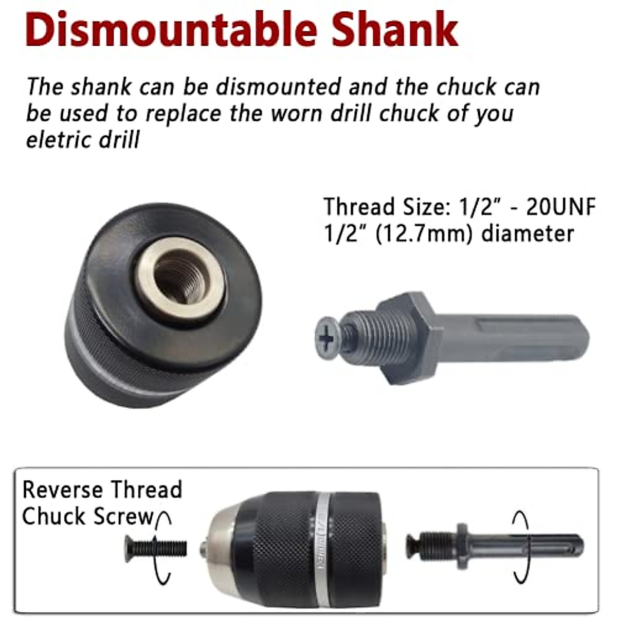 PATUOPRO 1.5-13mm Keyless Drill Chuck Metal Heavy Duty 1/2''-20UNF with SDS-Plus Shank 1/4" Hex Shank 1/2” Socket Square Wrench Adapter for Impact Wrench, Electric Drill, Hammer Drill
