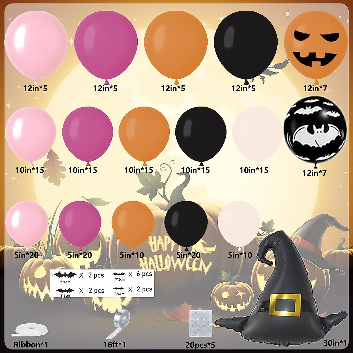 196Pcs Halloween Balloons Garland Arch Kit with Spider Ghosts Foil Balloons Pink Black Orange Sand White Balloons for Kids Halloween Spooky Costume Party Decorations