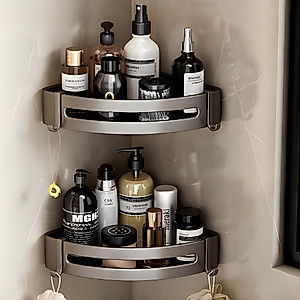DOIAESKV 2 Pack Corner Shower Caddy with Hooks,No Drilling Aluminium Shower Organizer for Bathroom&Kitchen,Secure with Nail-free Glue,Rustproof Shower Rack Basket,Storage Accessories (Gunmetal)