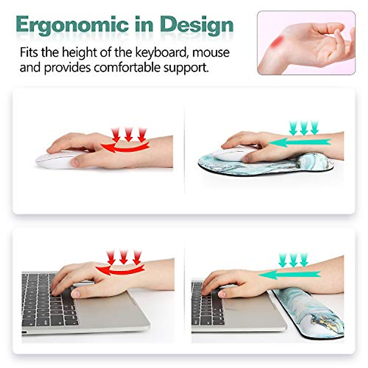 MoKo Keyboard Wrist Rest Pad and Mouse Pad Wrist Support, Ergonomic Raised Memory Foam, Non Slip PU Rubber Base [Pain Relief] for Office, Computer, Laptop, Typist, Gamer - Marble Green