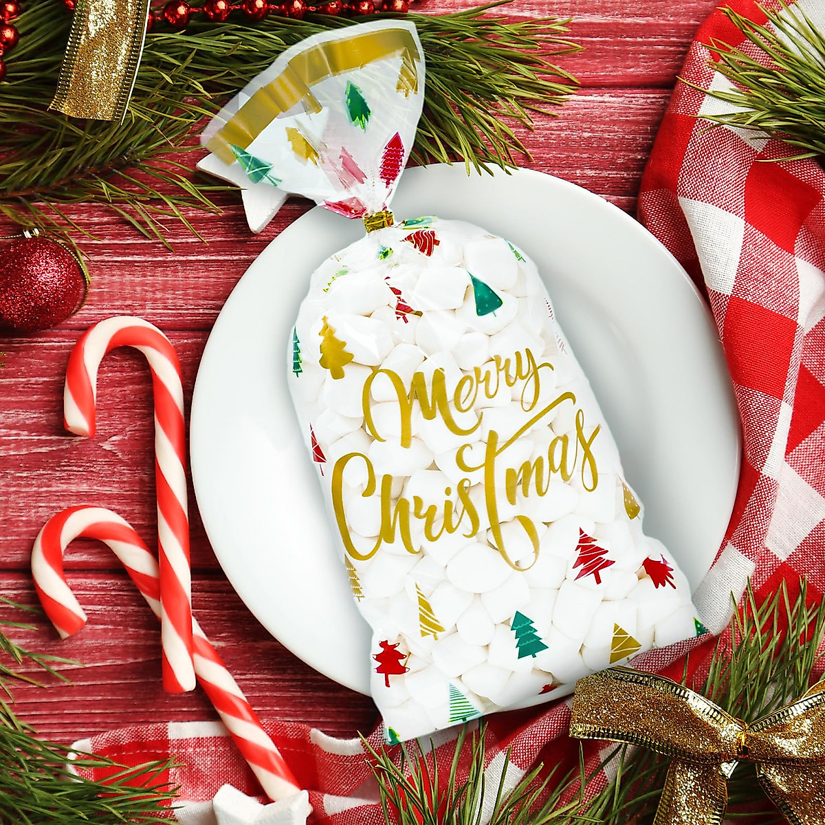 Whaline 150Pcs Christmas Cellophane Bags Red Green Gold Xmas Tree Print Candy Cookie Treat Bags Plastic Holiday Goodie Bags with Twist Tie