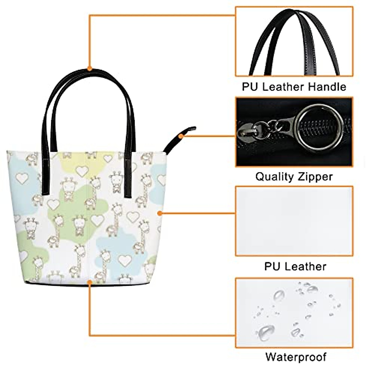 Fashionable women's handbag tote bag, Cute Giraffeprinted shoulder bag is light and durable