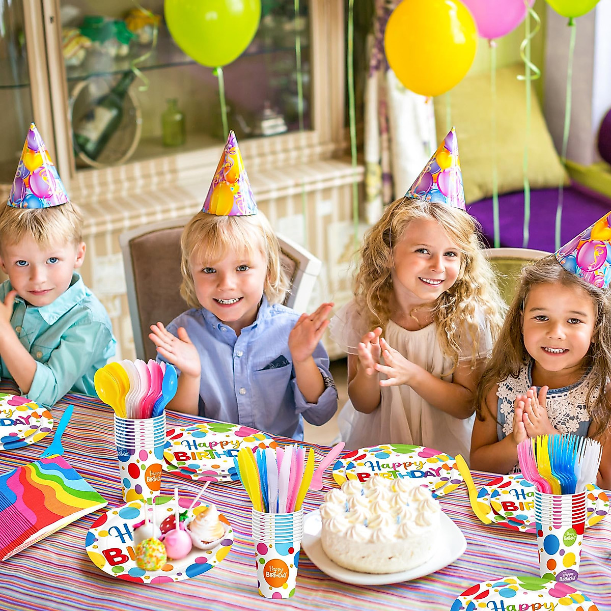 Meanplan Serves 24 Guests Happy Birthday Plates and Napkins Rainbow Polka Dot Birthday Tableware Set Rainbow Dot Birthday Party Decorations for Kids Included Cups Knives Forks Spoons Total 168 Pcs