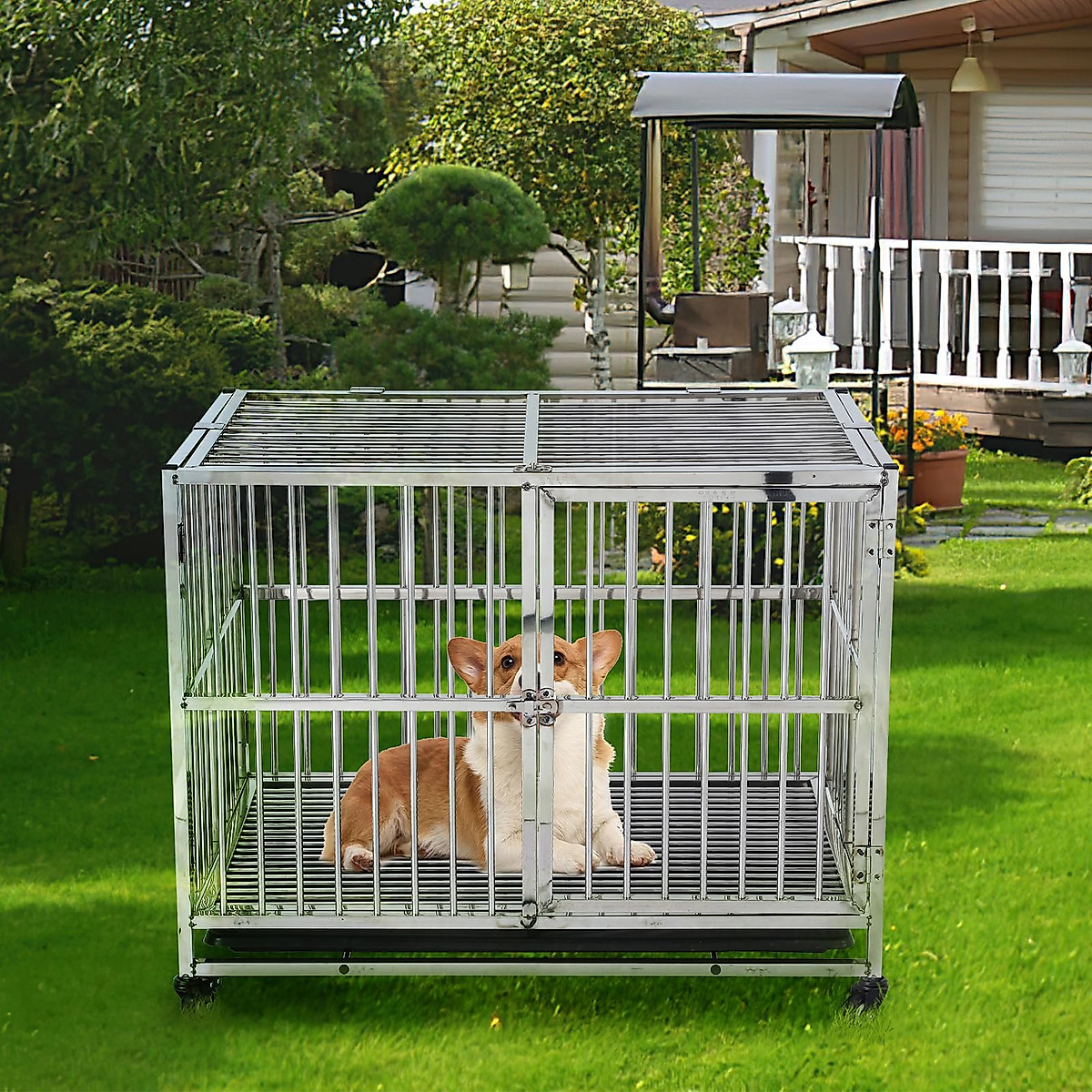 38" Heavy Duty Indestructible Dog Crate Steel Escape Proof Dog Cage Kennel for Small Medium Large Dogs Indoor Double Door High Anxiety Dog Crate with Wheels, Lock& Removable Tray, Silver (38 Inch)