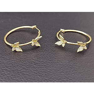 Double CZ Butterfly Dangle Hoop Earrings for Women Girls Cubic Zirconia Big Gold Hoops Click Top Lever-back Clasp Earring Dainty Huggie Mother's Day Christmas Jewelry for Wedding Party Prom
