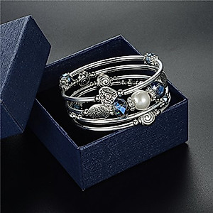 PEARL&CLUB Bead Crystal Wrap Bangle Bracelet - Fashion Jewelry Beaded Bracelet with Silver Metal, Gifts for Women(92-Blue)