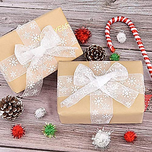 Livder 1.6 Inch Wide Christmas Snowflake Sheer Organza Ribbon for Xmas Gift Wrapping, Tree, Wreath, Party Decoration, 25 Yards (White)