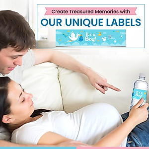 Super Cute, Water-Resistant, It's a Boy Water Bottle Baby Label 24 PK. Unique Stork Party Favor Designs. Durable, Blue Favors for Showers, Sprinkles or Gender Reveals. Great Drink Labels Guests Love