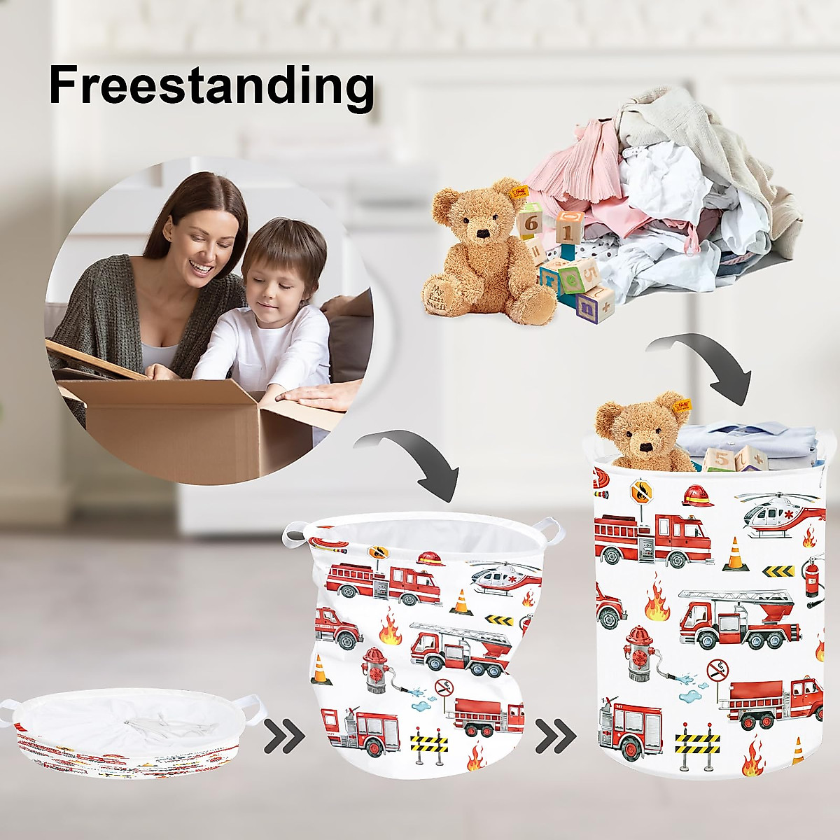 Clastyle Large Red Fire Engine Kid Laundry Hamper for Boy Collapsible Dog Clothes Toy Storage Basket with Lid for Nursery