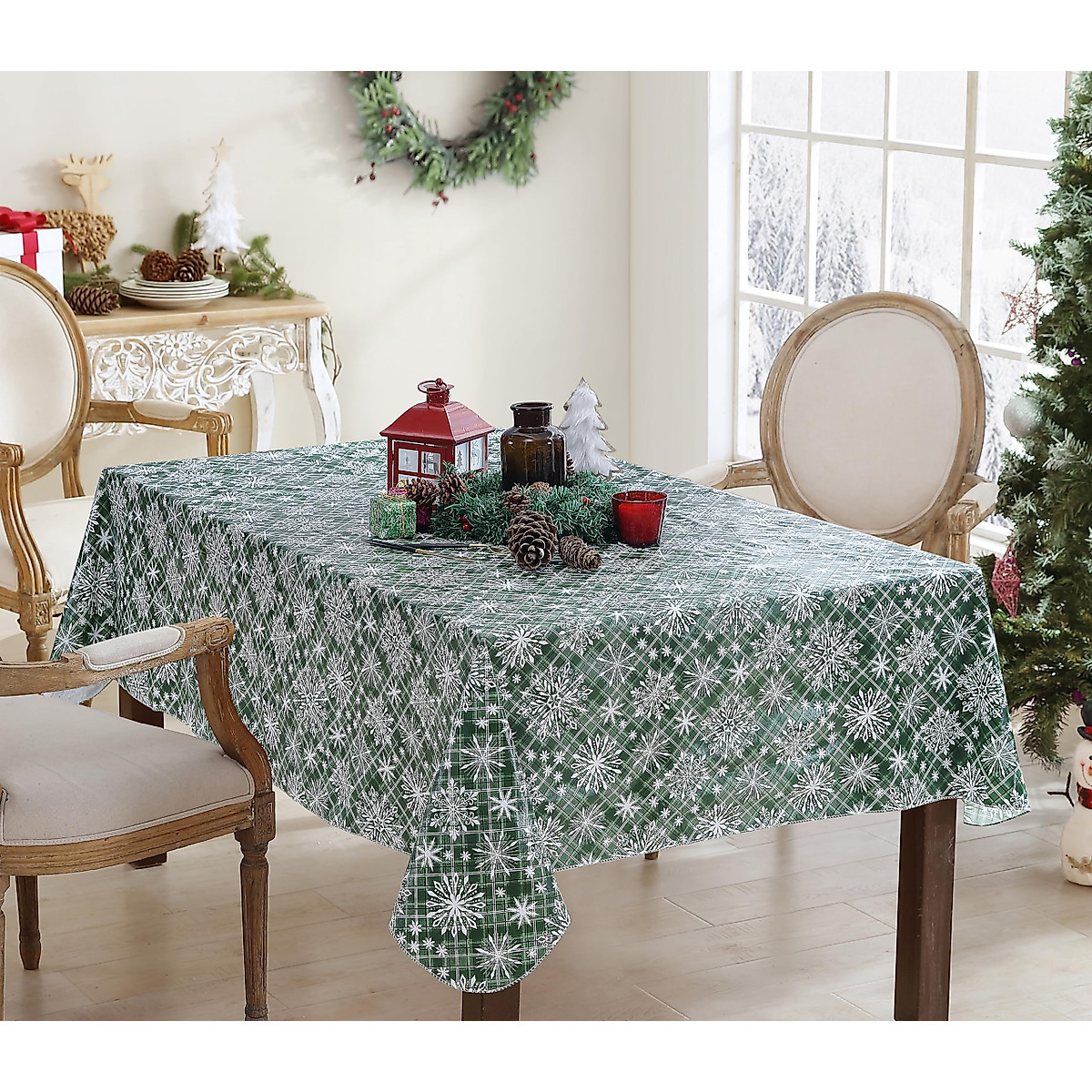 Newbridge Snowfall Snowflake Plaid Christmas Print Vinyl Flannel Backed Tablecloth Contemporary Snowflake Design Easy Care Wipe Clean Xmas Tablecloth, 60 Inch x 102 Inch Oblong/Rectangle, Green