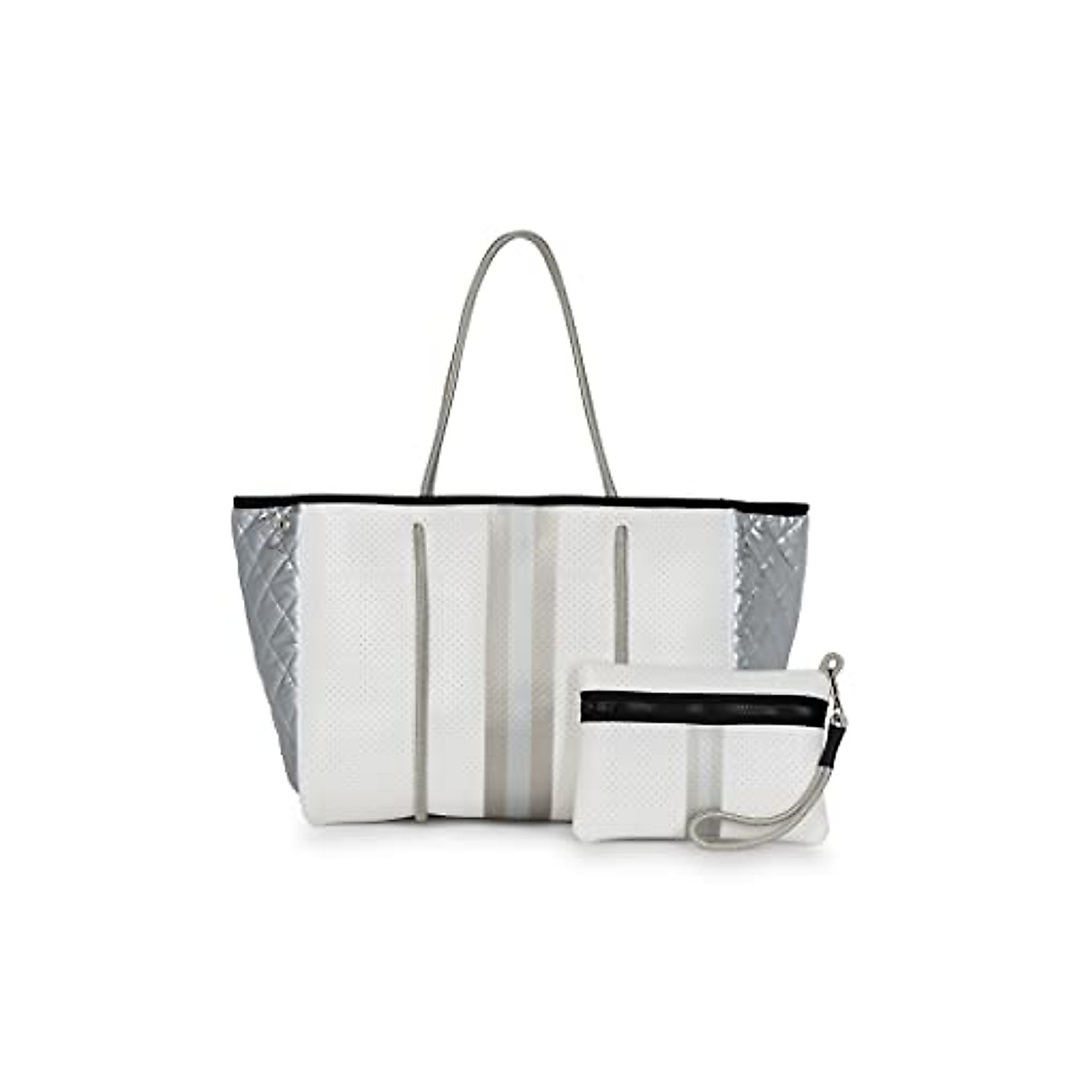 Haute Shore - Greyson Vapor Neoprene Tote Bag w/Zipper Wristlet Inside, White Coated W/Silver & Rosegold Stripe, One_Size