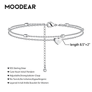 Moodear Silver A Initial Ankle Bracelets for Women - Waterproof Layered Sterling Silver Anklets Dainty Heart Charm Letter Anklet for Her