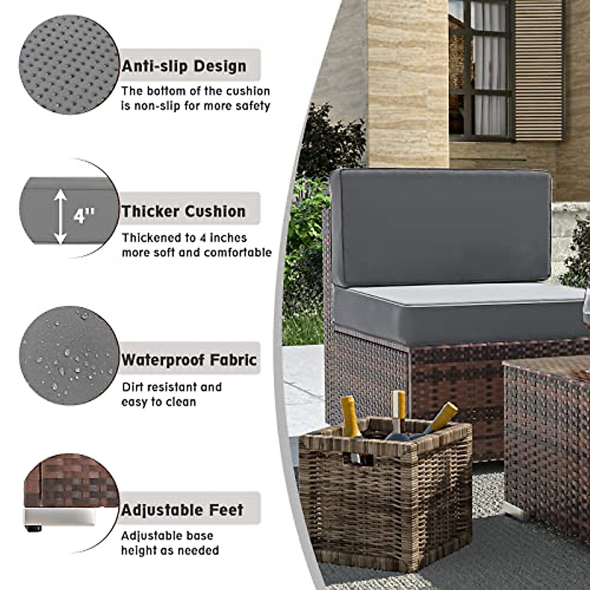 Amopatio 5 Pieces Patio Furniture Set All Weather Outdoor Sectional Sofa, Outdoor Modern Small Sectional Furniture Wicker Couch with Coffee Table, Thicken Grey Anti-Slip Cushions, Waterproof Cover