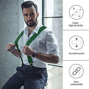 CWKOON Men's Trousers Braces with Very Strong 2 inch Wide 4 Clips Heavy Duty Suspenders for Men X Style Adjustable Suspender Green