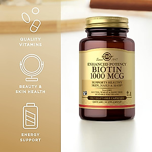 Solgar Biotin 1000 mcg - 100 Vegetable Capsules - Supports Healthy Skin, Nails & Hair - Non-GMO, Vegan, Gluten Free, Dairy Free, Kosher, Halal - 100 Servings