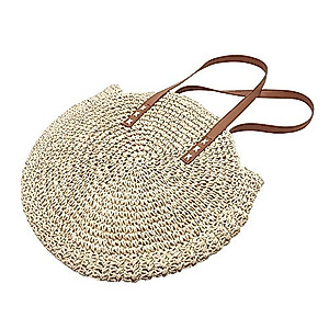 Round Woven Zippered Shoulder Bag,Handbags Beach Straw Bag Large Handmade Weaving Shoulder Bag Natural Chic Women Straw Woven Tote Summer Beach Tote for Women Vacation and Daily Use(Off-white
