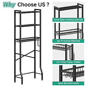 Kalrin Over-The-Toilet Storage Rack, 3-Tier Bathroom Organizer Shelf Over Toilet with Shelf and Basket, Freestanding Space Saver Bathroom Shelves Above Toilet for Room (Black)