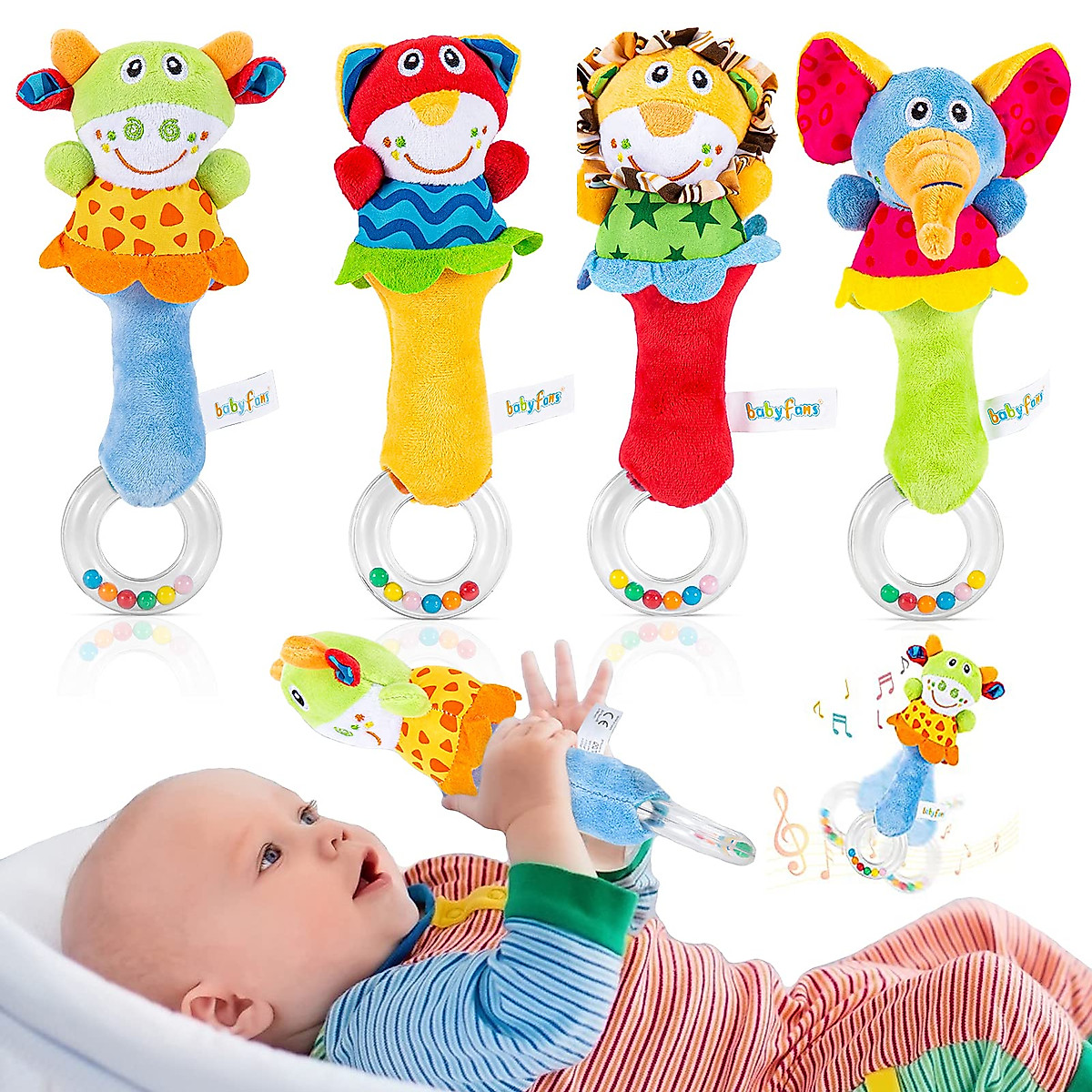 4 Plush Baby Soft Rattle Toys,Fabric Ring Rattles Shaker,Infant Handbells Early Development Hand Grab Sensory Toys,Stuffed Animal for 6 9 12 Months and Newborn Toddler Boy Girl Birthday Gifts
