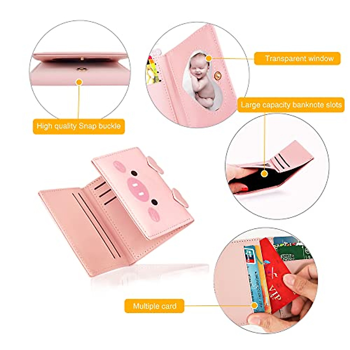 CONISY Cute Wallets for Women, Leather RFID Blocking Small Trifold Wallet with ID Window for Girls and Ladies Womens Wallet -Pig (Pink)