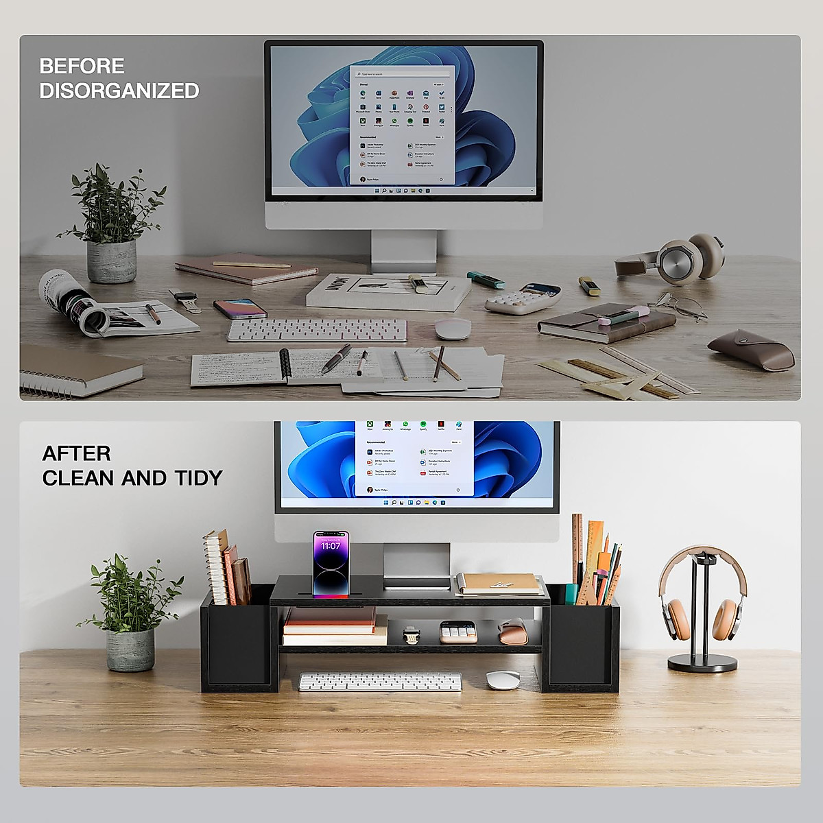 AMERIERGO Monitor Stand Desk Organization with DIY Storage Space, Monitor Riser Stand with Storage with 2 Slots & Phone Holder, Computer Stand 2 Tier for Home Office Use