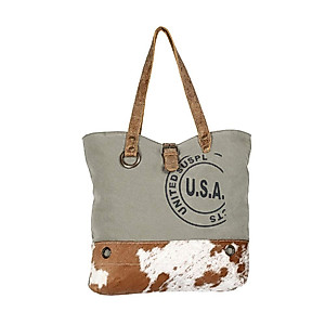 USA Stamp Upcycled Canvas and Hair-On Leather Tote Bag
