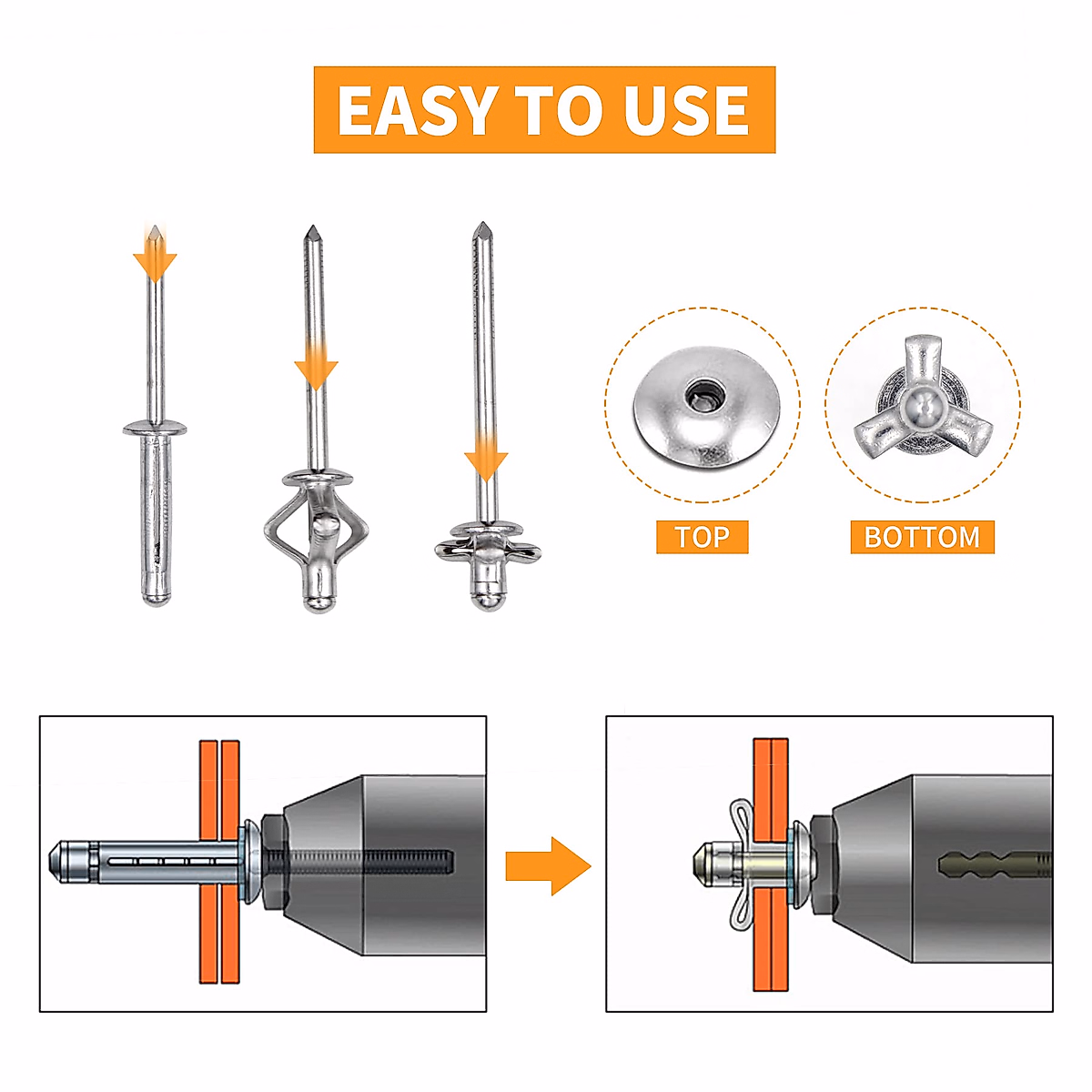 ALLCLEAN 3/16" x 1" Tri-Fold Rivets Assortment - 50Pcs,Silver Tri-fold Exploding Pop Rivets Solid Aluminum Tri Grip Rivets Bulb Style Rivets for Kayak Marine Boat