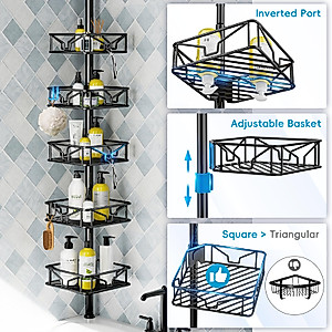 Skycarper 5 Tier Adjustable Corner Shower Caddy Organizer with Hooks,Rustproof Tension Pole 62-116 Inch, Black