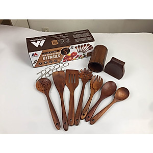 MEMIKAMBO Wooden Kitchen Cooking Utensils, Nonstick Kitchen Utensil Set, wooden utensils for cooking,Wooden Spoons Cooking Utensil Set Non Scratch Natural Teak Wooden Utensils for Cooking(16 PIECES)