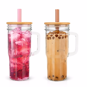 Luxfuel 24oz Wide Mouth Mason Jar Drinking Glasses Tumbler with Handle and Bamboo Lids,Reusable Smoothie Cup for Iced Coffee,Water,Juice - 2 Pack