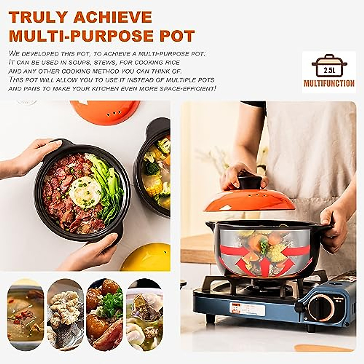Aroplor Casserole Clay Pot Premium Ceramic Bowls With Lid Heat-Resistant Cooking Nonstick Stock Pot Soup Pot Cookware Stovetop Easy To Clean(Orange 2.65Quart,2500ml)2~6 People (Oranger)