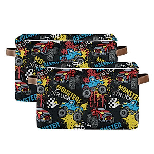 Monster Truck Black Red Blue Storage Basket Fabric Toy Baskets Racing Cars Boys Open Home Storage Bins Boxes Foldable Organizer Bag for Toy Book Shelf Closet Baskets 16×12×8 Inches