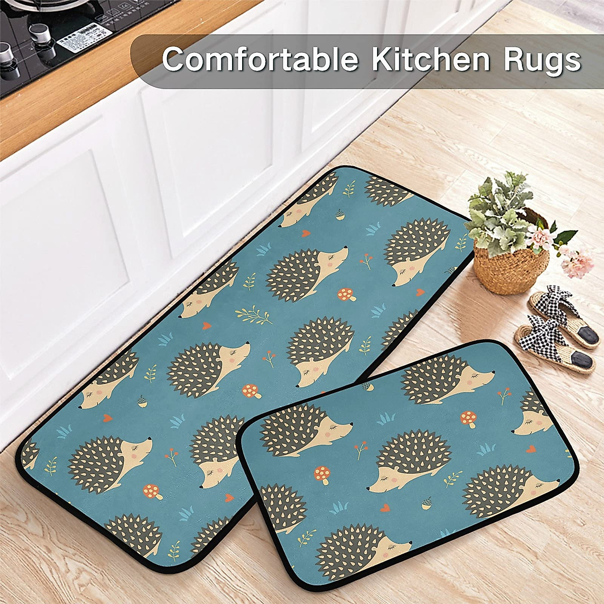 Hedgehogs Kitchen Mat Set of 2 Kitchen Rug Set Washable Non Slip Cushioned Memory Foam Kitchen Runner Rugs and Mats Comfort Standing Mat for Office Desk Sink Laundry Home Decor
