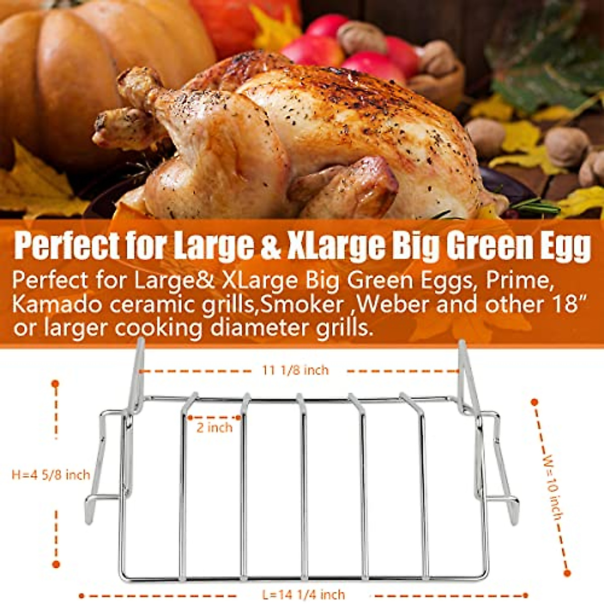 BBQ Turkey Roasting Rack for Smoker and Grill, Big Green Egg Parts,Rib Rack for Grilling and Smoking,Dual Purpose Stainless Steel Roast Rack for Large and XLarge Big Green Egg,Kamado Joe,Big Joe Etc