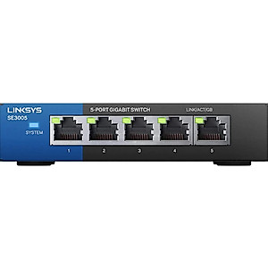 Linksys SE3005: 5-Port Gigabit Ethernet Unmanaged Switch, Computer Network, Auto-Sensing Ports Maximize Data Flow for up to 1,000 Mbps (Black, Blue)