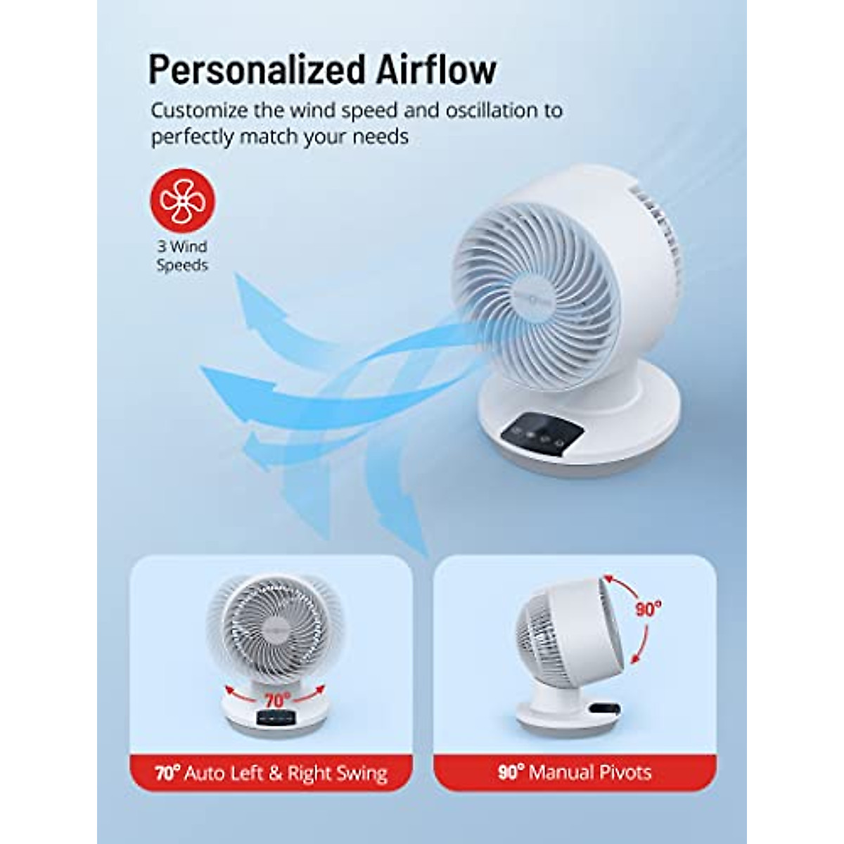 Air Circulator Fan with Remote, Small Oscillating Table Fan with 8-Hour Timer, 90-Degree Tilt, 3 Speeds, LED Display, Touch Control, Quiet Desktop Fan for Bedroom, Office, Living Room, Home