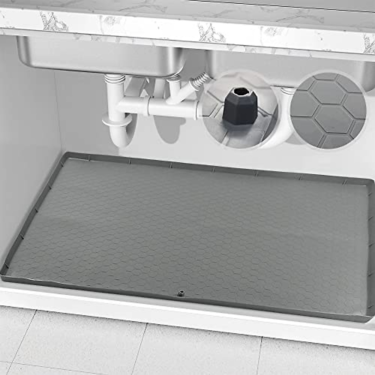 Meltset Under Sink Mats for Kitchen Waterproof 34" x 22" Silicone Under Sink Liner with Drain Hole Flexible Sink Tray for Kitchen Bathroom Laundry Room, Hold up to 3 Gallons Liquid (Gray)