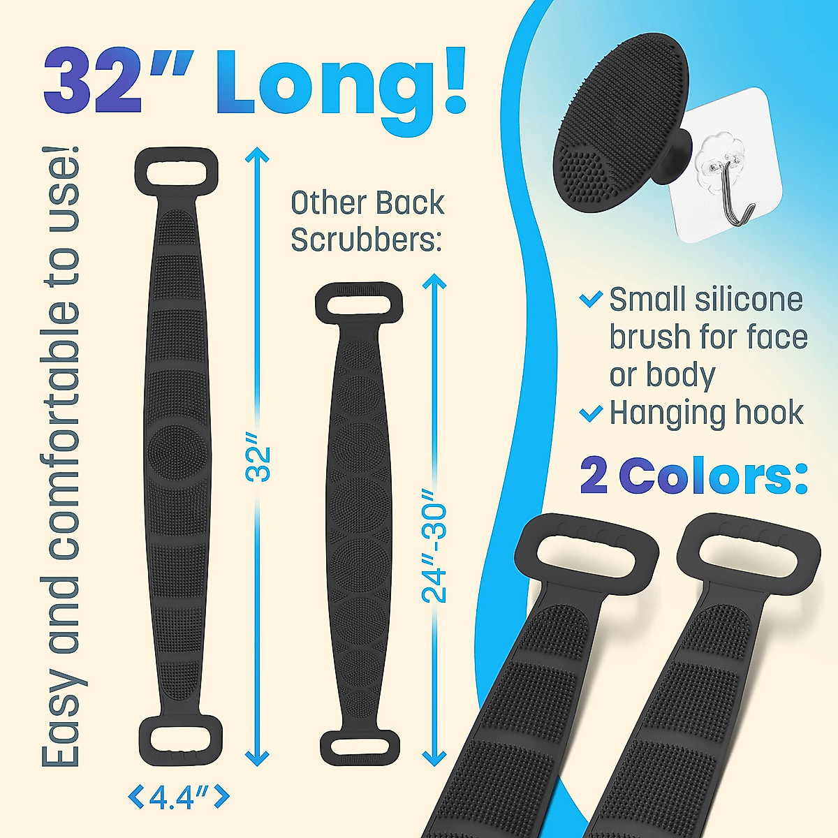 Silicone Back Scrubber for Shower- 36 Inches Back Body Brush Extra Long for Exfoliating & Massaging Hygienic Back Washer with Handle, Shower Silicone Back Scrubber for Men and Women, Black.