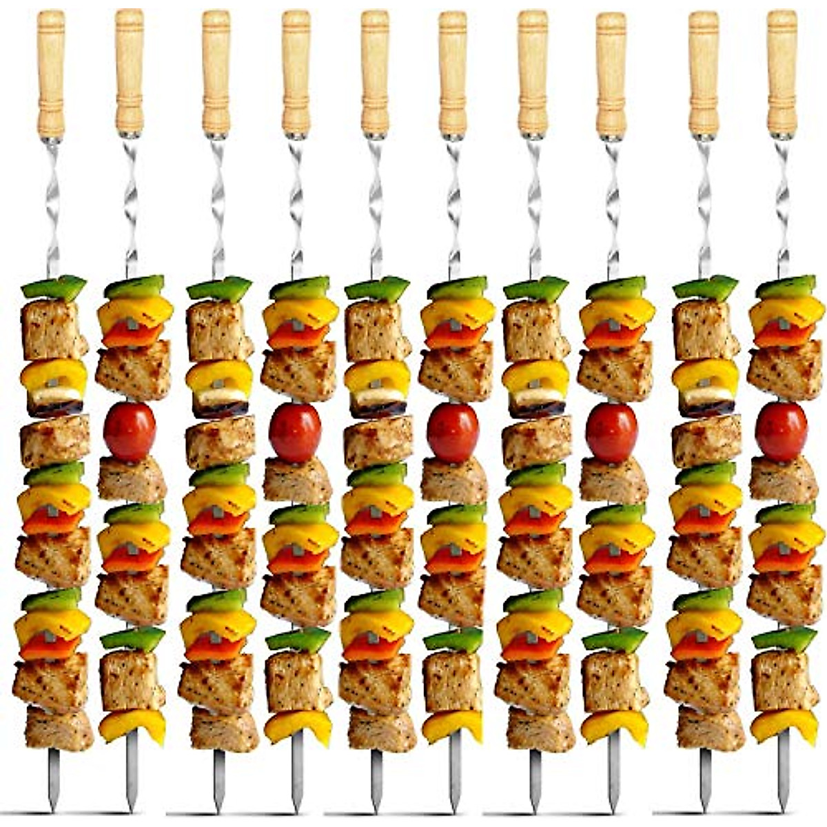 Amestar 12 Pack Kabob Skewers BBQ Barbecue Skewers Stainless Steel Sticks 22 Inch Heavy Duty Large Wide Reusable with Nonslip Wooden Handle Ideal for Shish Kebab Chicken Shrimp and Vegetables