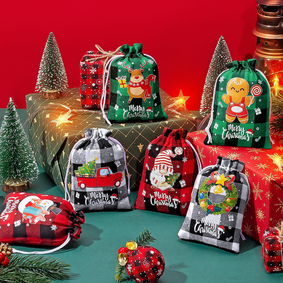 72Pcs Burlap Christmas Drawstring Bags Buffalo Plaid Xmas Gift Bags Burlap Xmas Candy Bags Small Christmas Linen Treat Bags Goody Gift Bags Sacks Reusable Gift Wrapping Bags Holiday Party Favors Bags