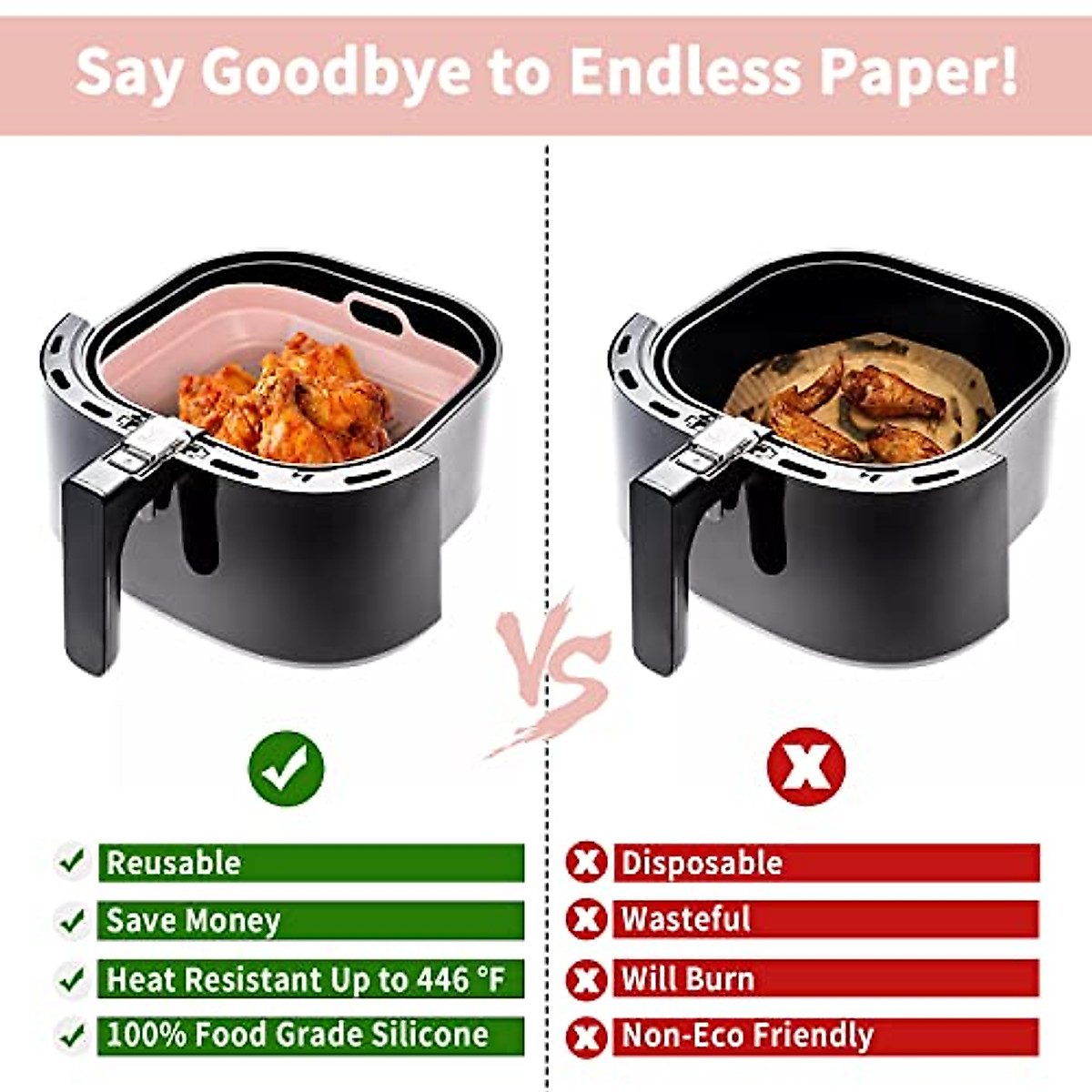 OUTXE 2-Pack 8inch Foldable Square Silicone Air Fryer Liners for 4QT to 6QT Reusable Air Fryer Insert Silicone Air Fryer Cover Easy Cleaning for Oven Accessories (Grey+Pink)