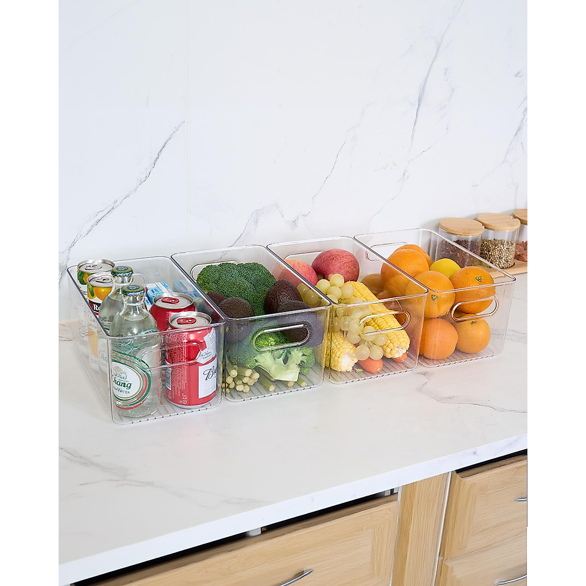 Chikit 4 PCS Clear Plastic Storage Bins, Refrigerator Organizer Bins with Handles, Pantry Organizer Bins for Food, BPA-Free Fridge Organizer for Fridge, Freezer, Kitchen, Cabinet, Pantry, 10" Long