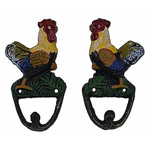 Flag Emotes Rooster & Chickens Wall Hook 3 Piece Set Colorful Painted Cast Iron Coat Hangers Rack