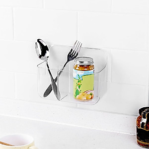 Lunmore Plastic Wall Mount Organizer, Clear Adhesive Shower Storage Box Organizer No Drilling Hang Walls/Doors for Kitchen, Bathroom, Bedroom, Cabinet, Office, Craft Room (Small Size with Divider)