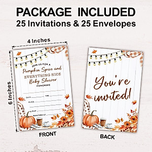 Hsupl 25 Set Double Print Baby Shower Invitation Cards(4"x6")-Pumpkin Spice And Everything Nice Autumn Card-Thanksgiving Watercolor Pumpkin Invitation Card With Envelope-Baby Gender Announcement-A11