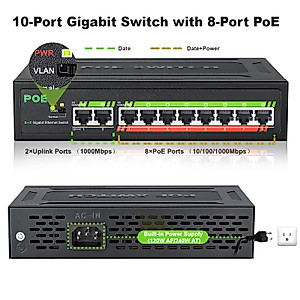 TEROW 8 Port Gigabit PoE Switch with 2 Gigabit Uplink, 8 10/100/1000Mbps PoE+ Ports @120W, 802.3af/802.3at Compliant, VLAN Mode, Unmanaged, Plug and Play