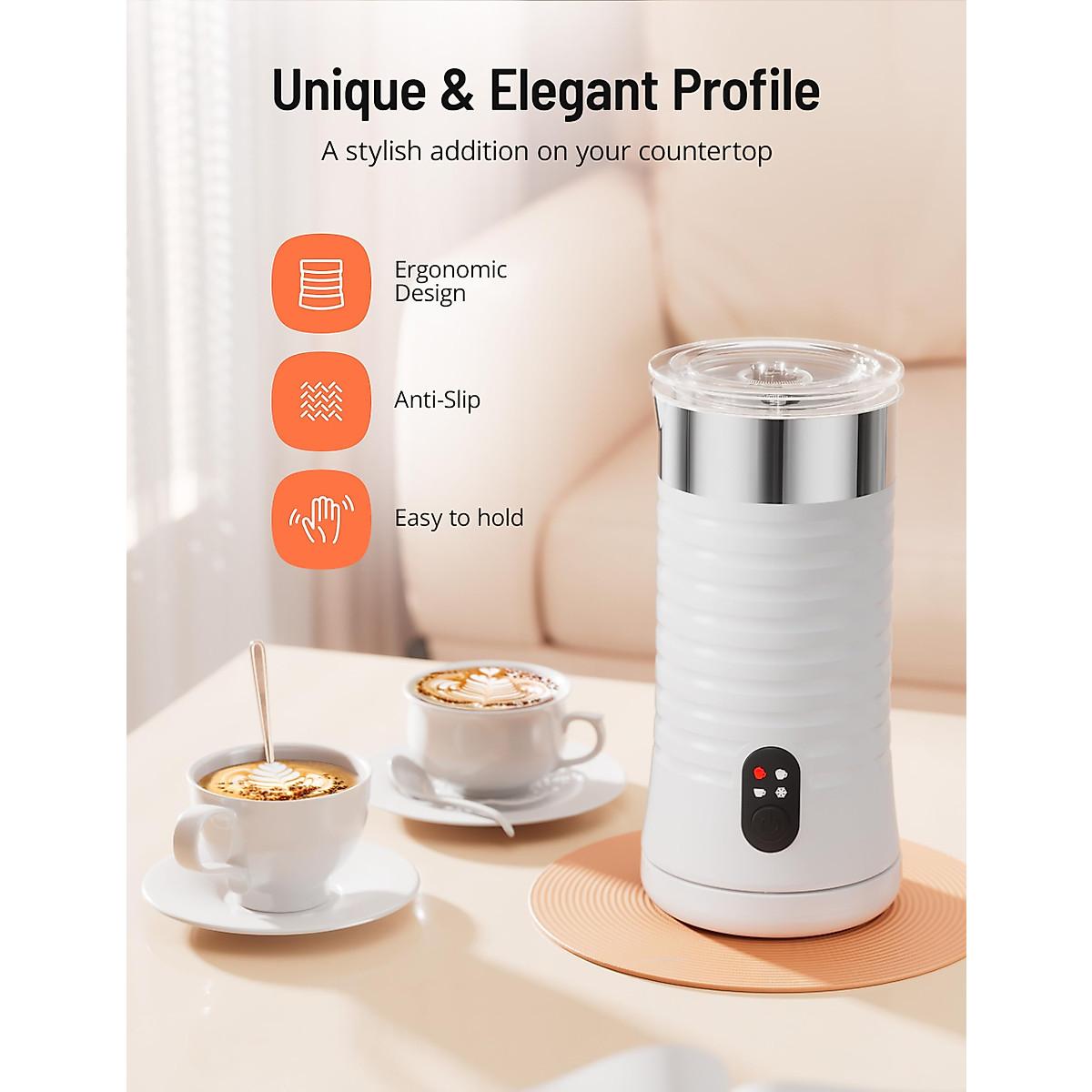 Milk Frother, 4-in-1 Milk Frother and Steamer, Frother for Coffee, Hot & Cold Foam Maker for Latte, Cappuccino, Macchiato, Electric Milk Frother Warmer with Silent Operation & Auto Shut-off (White)