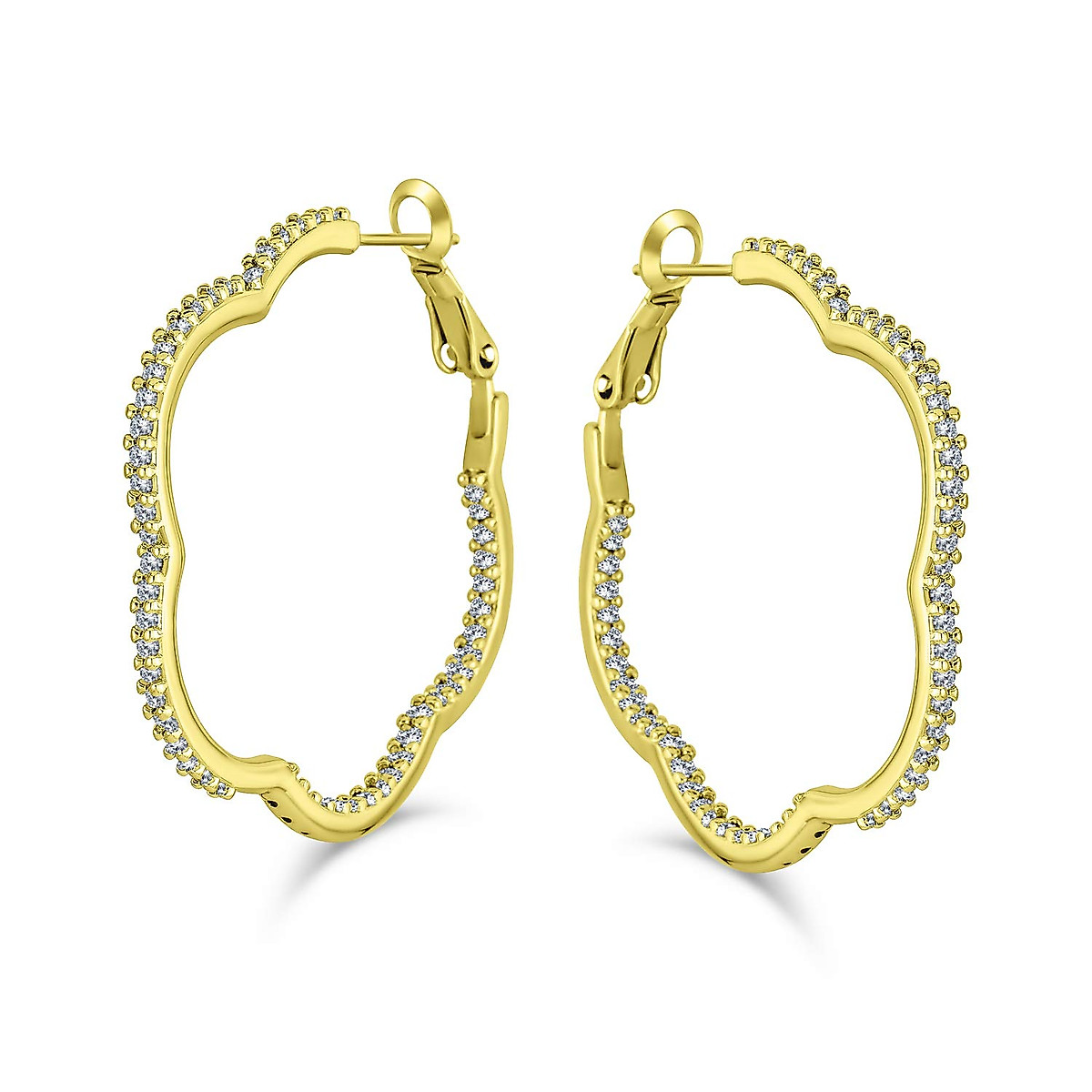 Flower Shaped Pave CZ Cubic Zirconia Large Clover Hoop Earrings Hoop Earrings For Women 14k Yellow Gold Plated Brass 1.5 Inch Diameter