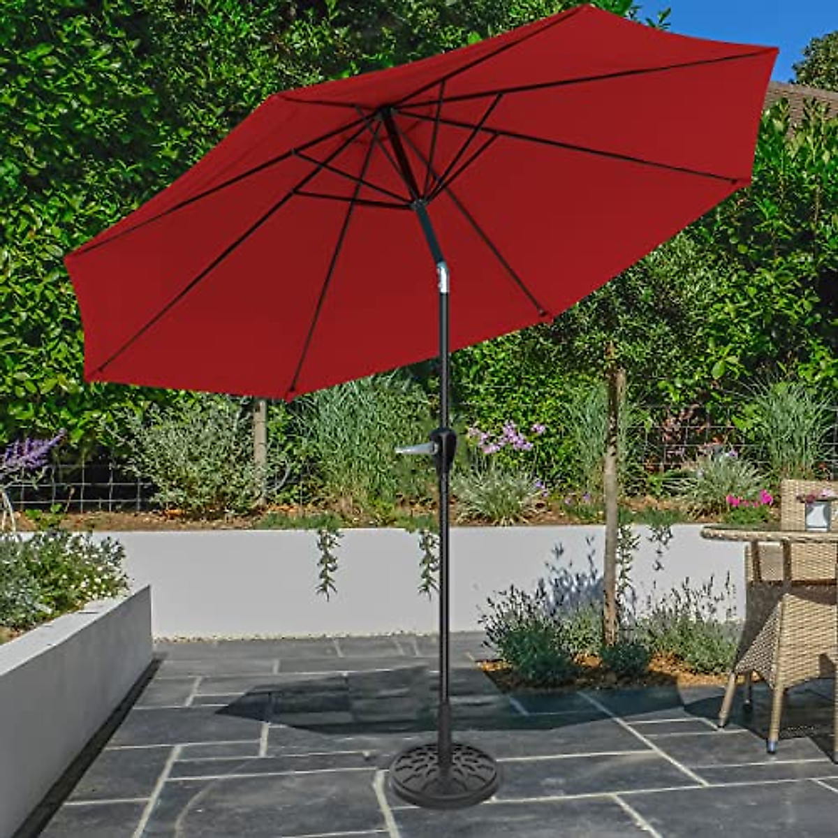Pure Garden 50-100-RB Patio Umbrella with Auto Tilt – 10 Ft Easy Crank Sun Shade with 19lb Weighted Base for Deck, Porch, Outdoor Furniture, or Pool (Red)